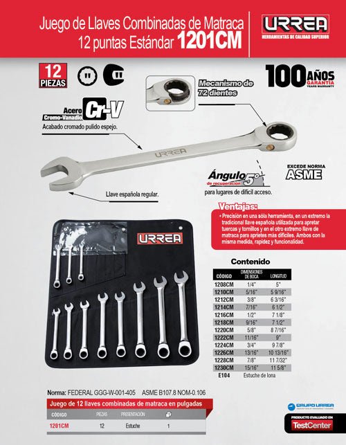 Juego de 12 llaves combinadas pulido espejo de matraca en pulgadas, 12 puntas Urrea - FERRETERÍA ...
